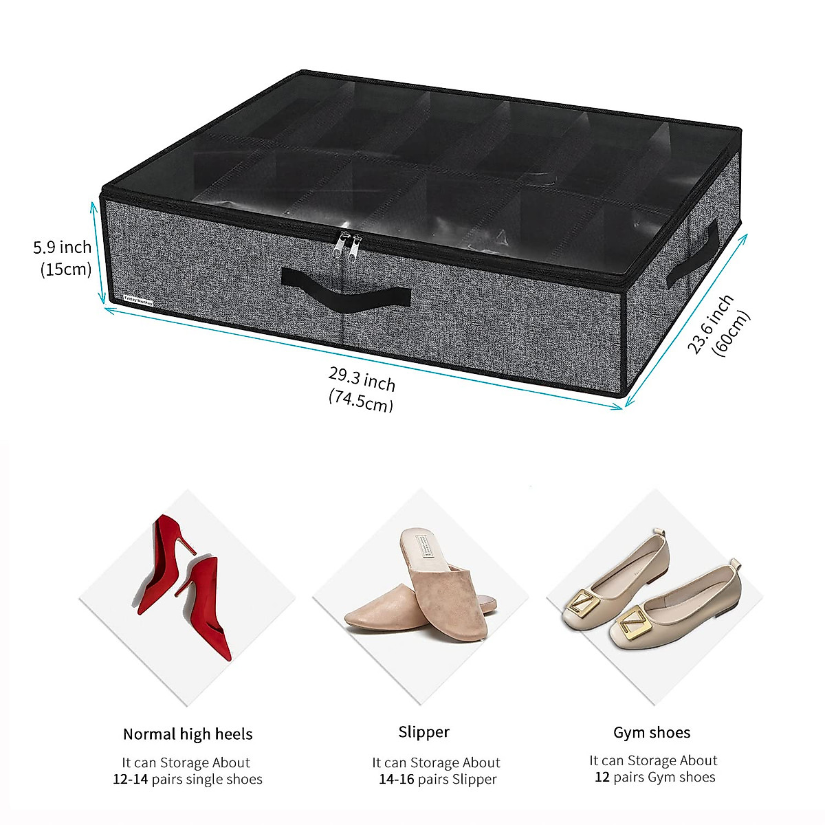 Friday Monkey Sturdy Under Bed Shoe Storage Organizers 2 Pack, Fit Total 24 Pairs, Large Underbed Closet Shoes Box Container Bag with Clear Cover, Breathable, 29.3x23.6x5.9 inches, Black, ZMBCUBSB2P