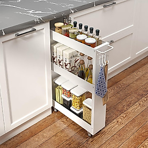 XYZLVSI Slim Storage Cart, 5 in Width, 3-Tier White Rolling Cart with Handle for Kitchen Bathroom Laundry Narrow Places