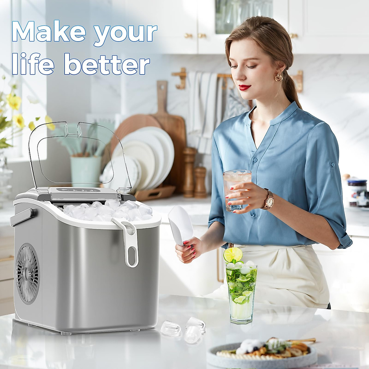 Ice Maker Countertop Portable Compact Small Mini Bullet Ice Machine with Self-Cleaning,9 Bullet Ice Cubes in 6 Mins,26Lbs/24H, Bullet Ice Maker with Scoop and Basket for Home Indoor Outdoor Camping