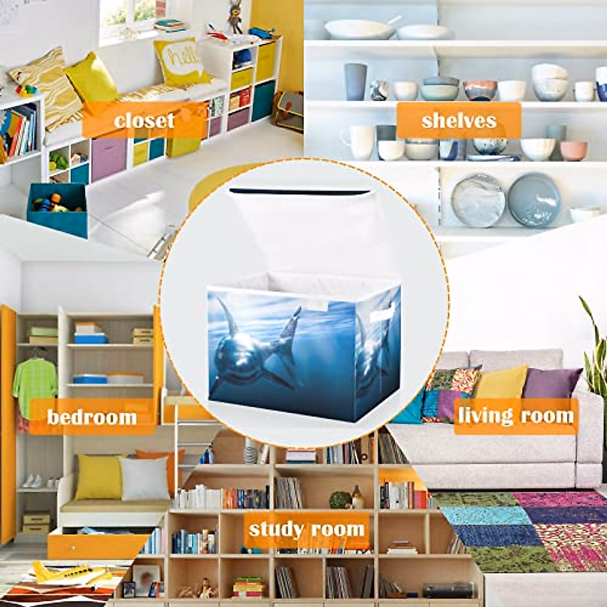 CaTaKu Water Shark Storage Bins with Lids and Handles, Fabric Large Storage Container Cube Basket with Lid Decorative Storage Boxes for Organizing Clothes