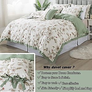 FADFAY 7 Piece 100% Cotton Beige Floral Bedding Set Queen Size Sheet Set +Duvet Cover, Soft Pink Flower Complete Bedding Bed in a Bag(1 Duvet Cover, 1 Fitted Sheet, 1 Flat Sheet + 4 Pillowcase)
