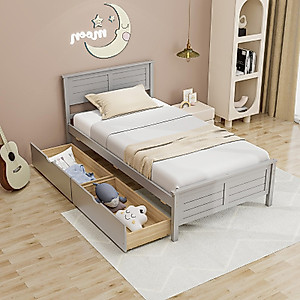Giantex Wood Twin Bed with 2 Storage Drawers, Solid Wood Platform Bed with Headboard, Wooden Slats Support Mattress Foundation, No Spring Needed, Twin Bed Frame for Kids, Teens, Adults, Grey
