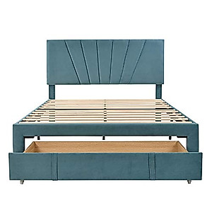 Lifeand Queen Size Storage Bed Velvet Upholstered Platform Bed with a Big Drawer - Blue