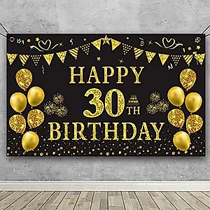 Trgowaul 30th Birthday Backdrop Gold and Black 5.9 X 3.6 Fts Happy Birthday Party Decorations Banner for Women Men Photography Supplies Background Happy Birthday Decoration