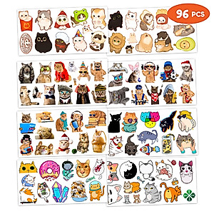 96 PCS Cute Funny Meme Cat Cats Temporary Tattoos Stickers Themed Birthday Party Decorations Supplies Decor Favors Animal Pet Puppy Tattoo Sticker Gifts For Kids Boys Girls School Prizes Christmas