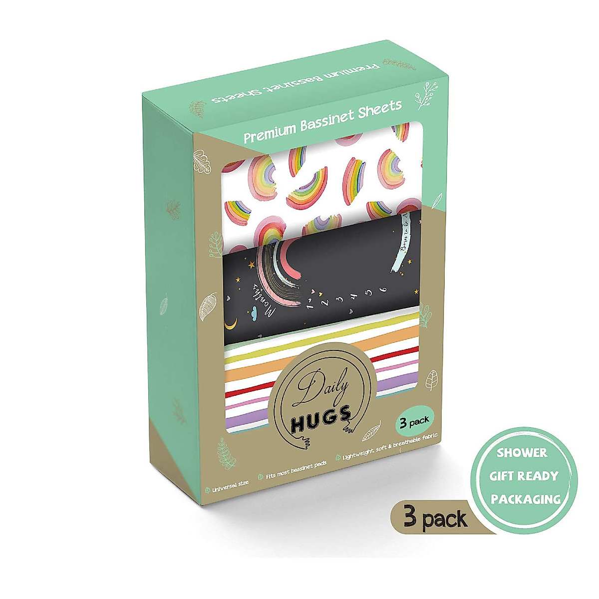 Pack of 3 Premium Bassinet Sheets for Bassinet Pad/Mattress: Milestone Fitted Sheet, Universal Fit, Unisex Rainbow Cloud Sheet | Knitting | Great Shower Gift for Boy Girl |170 GSM