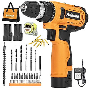 Adedad 12V Cordless Drill Set Electric Power Drill with 2 Batteries and Charger, 3/8 Inch Keyless Chuck, 300 In-lbs Torque, 21+1 Position, 2 Variable Speed, LED Light and 43pcs Accessories