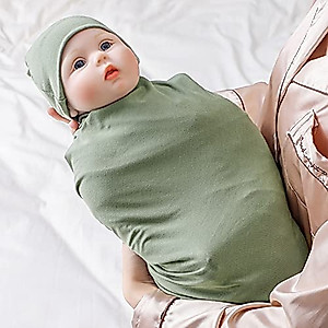 Bayceen Large Rayon Jersey Knitted Swaddle Blanket for Baby, Soft Stretchy Receiving Blanket for Newborns with Hat, Large 47 x 47 inches (Sage)