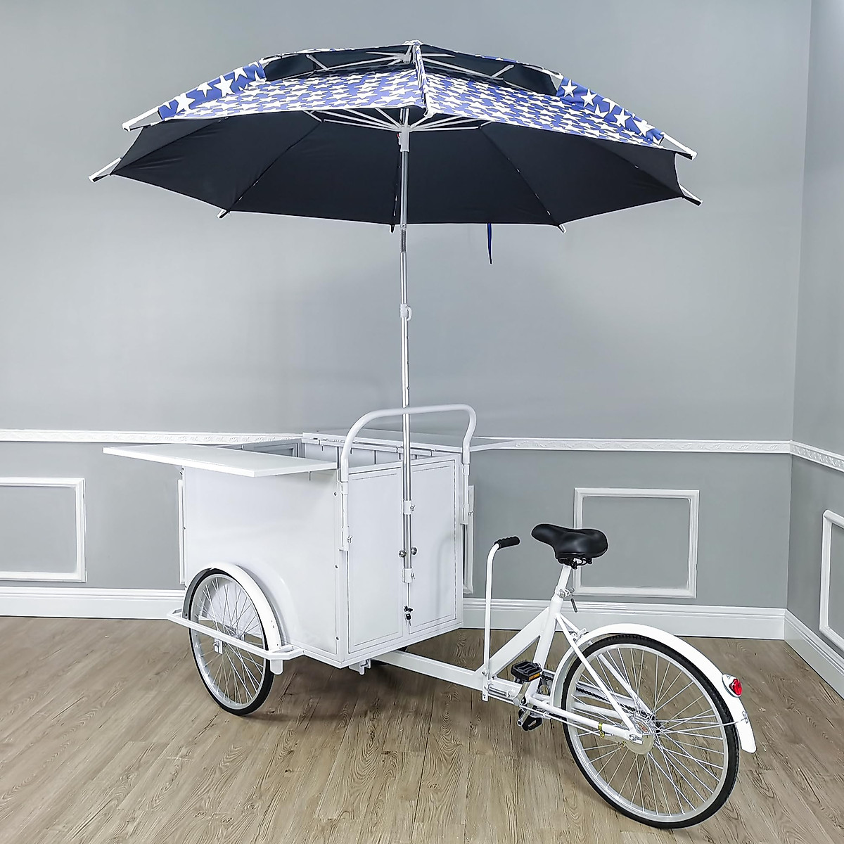 Fixturedisplays® 24" Tire 90 X 51.5 X 41" White Vending Trike Mobile Food Beverage Bike Cart White Blue Star with 86.6" Umbrella 10165-NF