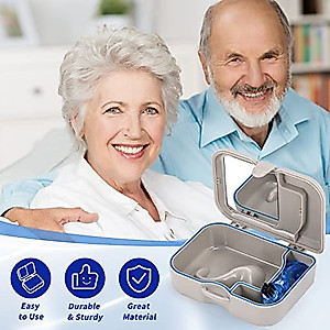 Annhua Denture Cup Bath Box Case with Mirror and Cleaning Brush, Dental Case with Brush Retainer Cleaning Case Mouth Guard Storage Soaking Cup Holder for Travel, Office, Household Use
