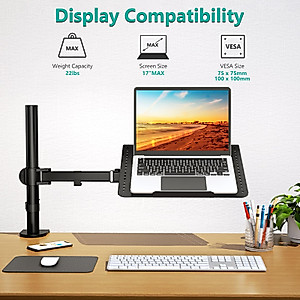 WALI Laptop Tray Desk Mount for 1 Laptop Notebook up to 17 inch, Fully Adjustable, 22 lbs Capacity with Vented Cooling Platform Stand (M00LP)