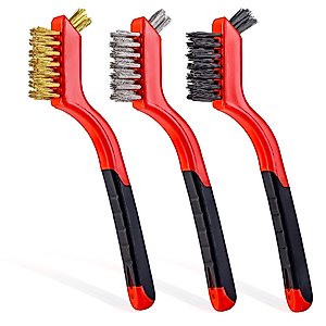 Lavaxon Wire Brush Set 3Pcs - Nylon/Brass/Stainless Steel Bristles with Curved Handle Grip for Rust, Dirt & Paint Scrubbing with Deep Cleaning – 7 Inches (Red)