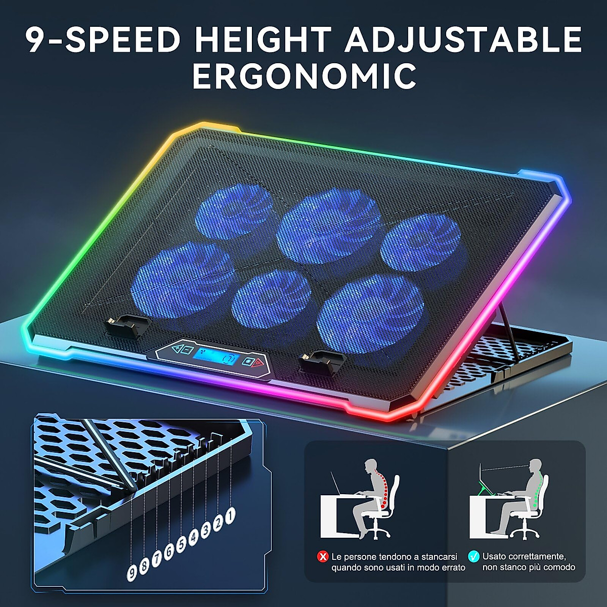 KYOLLY RGB Cooling Pad Gaming Laptop Cooler, Laptop Fan Cooling Stand with 6 Quiet for 15.6-17.3 inch laptops, 9 Height Stand, LED Lights & LCD Screen, 2 USB Ports, Lap Desk Use