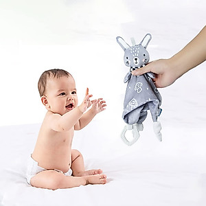 AIPINQI Baby Security Blanket Teether Plush Stuffed Animal Toys Lovey Soothing Sensory Toy Fabric Cuddle Snuggle Muslin Blanket with Tags for Newborn Unisex Babies 0-36 Months Gifts, Bunny