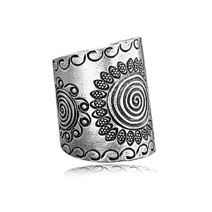 S925 Sterling Silver Retro Vintage Antique Boho Full Finger Wide Bands Ring for Women,Open Adjust Adjustable National Style Sun Flower Floral Pattern Engraved Thumb Index Finger Ring Boho Jewelry (Ring_A, Adjustable)