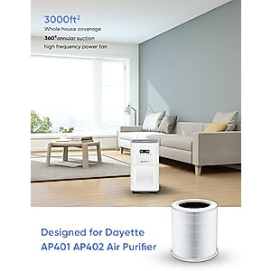 Dayette AP401 AP402 Replacement H13 HEPA Air Purifier Filter for CADR 400+ m³/h Air Purifier, Activated Carbon, Original