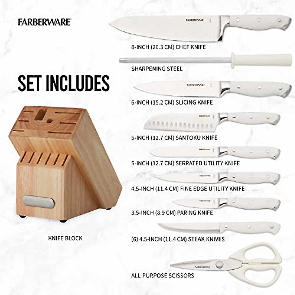 Farberware 15-Piece Forged Triple Rivet Knife Block Set, Razor-Sharp Kitchen Knife Set with Wood Block, High-Carbon Stainless Steel, White