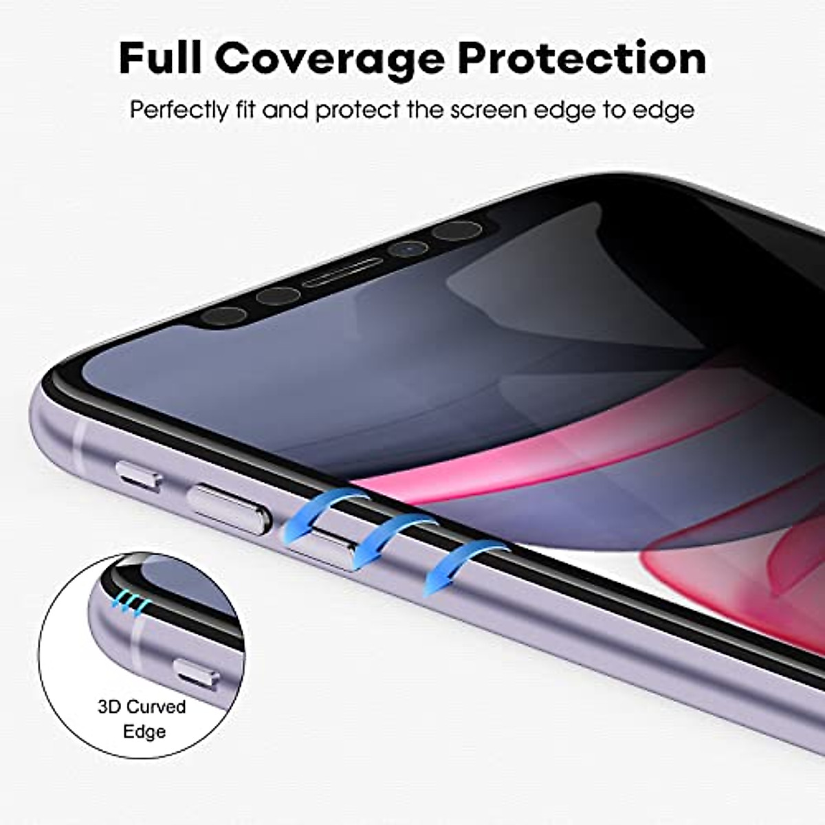 JETech 4 Way 360° Privacy Screen Protector for iPhone 11/iPhone XR 6.1-Inch, Anti-Spy Full Coverage Tempered Glass Film with Easy Installation Tool, 2-Pack