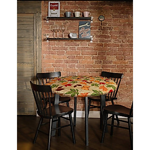Covers For The Home Deluxe Elastic Edged Flannel Backed Vinyl Fitted Table Cover - All-Over Leaves Pattern - Large Round - Fits Tables up to 45" - 56" Diameter