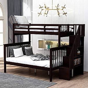 CITYLIGHT Bunk Beds Twin Over Full Size with Stairs, Wooden Bunk Beds with Storage Open Shelves, Stairway Bunk Bed Convertible to 2 Separated Beds,Kids Bunk Beds for Bedroom, Dorm,Espresso
