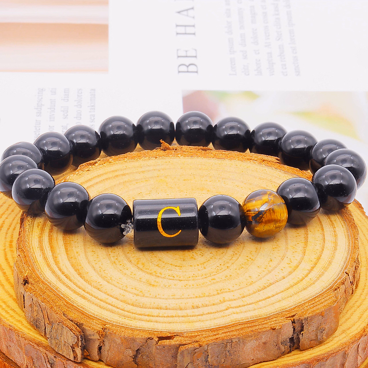 CJIAYUJEW 10mm Mens Beaded Bracelets, Initial Letter Triple Protection Bracelets for Women, Natural Tiger Eye Black Obsidian Hematite Beads Elastic Bracelets (C)