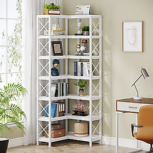 LITTLE TREE 7 Shelf Corner Bookcase, Industrial Large Corner Bookshelf, 7-Tier Tall Corner Shelf Storage Display Rack with Metal Frame for Living Room Home Office, White
