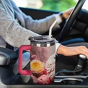 Flower Bird Peony Parrot 40 Oz Car Cup Stainless Steel Travel Mug Leak-Proof Insulated Tumbler with Handle Light Rose Red-style