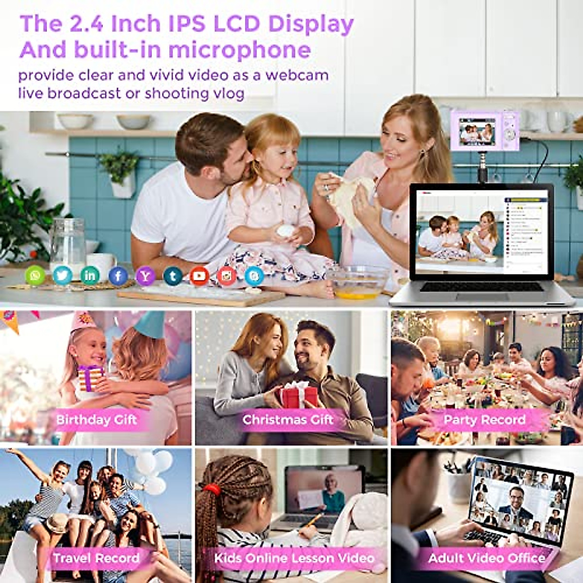 Digital Camera, NEZINI 2 Charging Mode Autofocus Kids Camera, Full HD 1080P 48MP LCD Mini Vlogging Camera, 16X Zoom Compact Pocket Camera Point and Shoot Camera for Kids Teens Beginners (Purple)