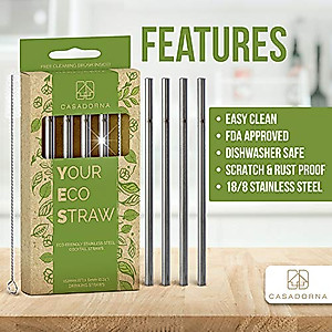 Stainless Steel Reusable Drinking Straws 6" Short & Safer Straws, Coffee, Bar, Cocktail Glasses, Half Pint Jars, Ecologically Friendly, Set of 4 Metal Straws with Brush