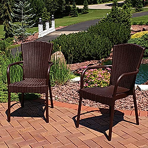 Sunnydaze Segesta All-Weather Plastic Outdoor Dining Chair - Commercial Grade Faux Wicker Design Armchair - Lawn and Garden Chair - Indoor/Outdoor Use - Wenge - 2 Chairs