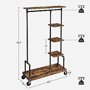 VASAGLE Clothes Rack, Clothing Garment Rack on Wheels, Rolling Clothes Organizer with 5-Tier, Industrial Pipe Style, Rustic Brown UHSR66BX