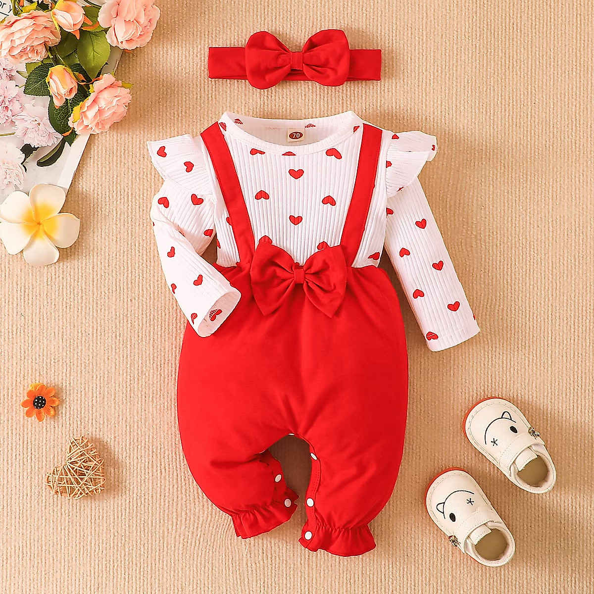 RogPrincekids Baby Girl Clothes Infant Girls Ruffle Long Sleeve Romper Jumpsuit Cute One-Piece Outfits (White Red, 9-12 Months)