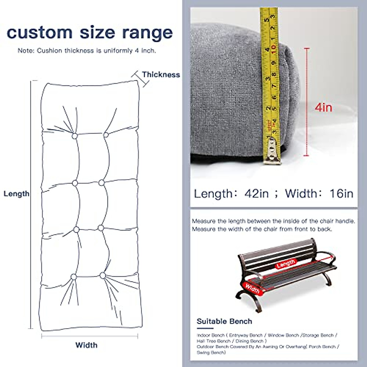 ROFIELTY Bench Cushion 42x16 inch, Patio Furniture Cushions, Indoor/Outdoor Anti-Slip Tufted Swing Seat Cushion, Bench Cushion for Multi-Scene use. (42x16x4 inch, Light Gray)