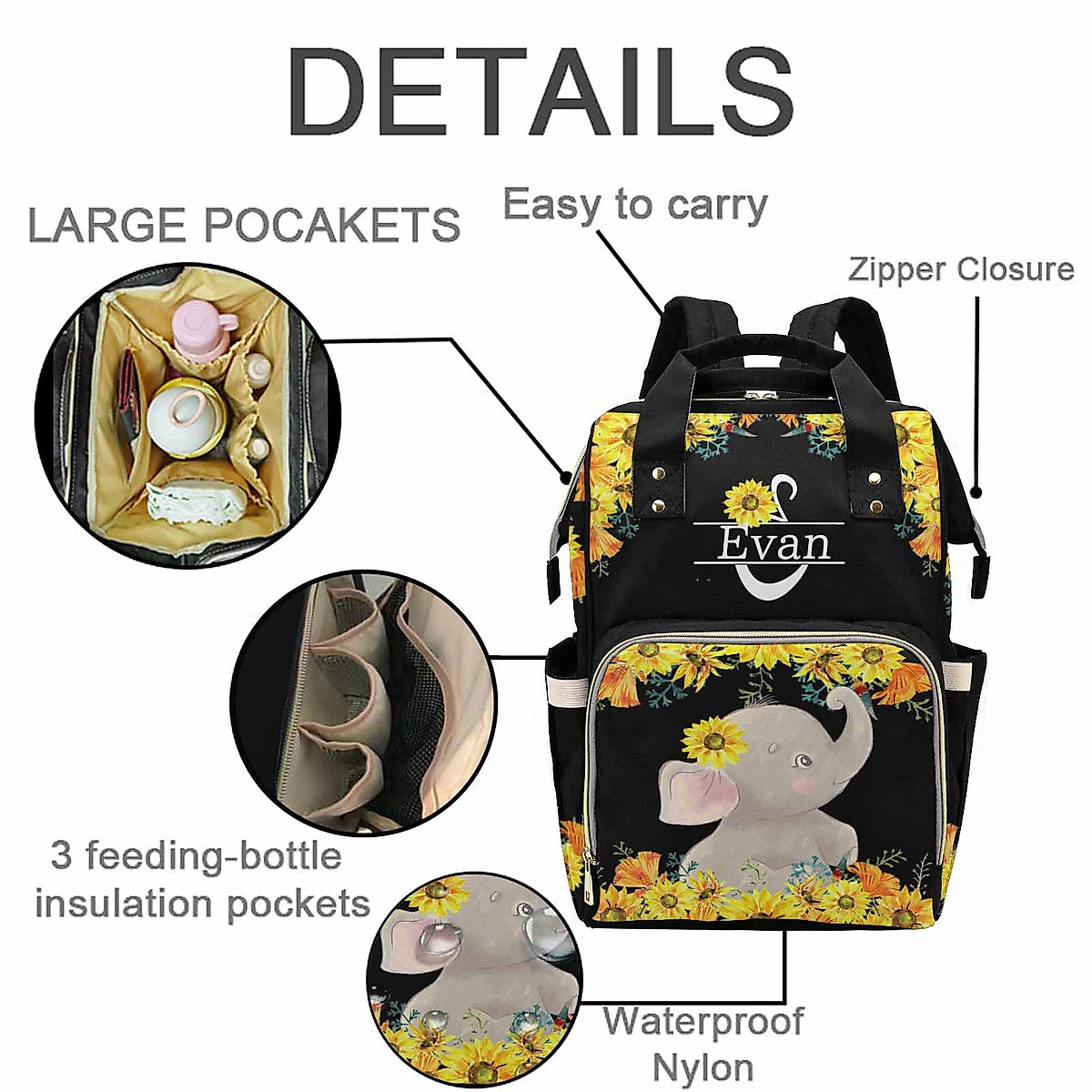 Custom Sunflower Elephant Diaper Bag Backpack for Baby Girl Boy, Personalized Name Black Large Nappy Nursing Orangizer Mommy Bags, Waterproof Travel Daypack for Dad Mom Gifts
