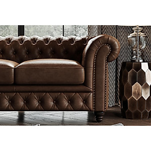 Valencia Parma 92" Leather Chesterfield Sofa | Full-Aniline 3 Seats Italian Leather Couch | Artisan Crafted Nailheads | Mid Century Classic Design - Leather Sofa, Chocolate