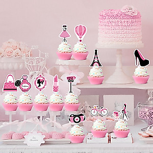 24 Pcs Pink Paris Princess Theme Cupcake Toppers for Girls Birthday Party Handbag Eiffel Tower Lipstick Tie High Heel Cupcake Decorations for Bridal Baby Shower Birthday Wedding Party Supplies