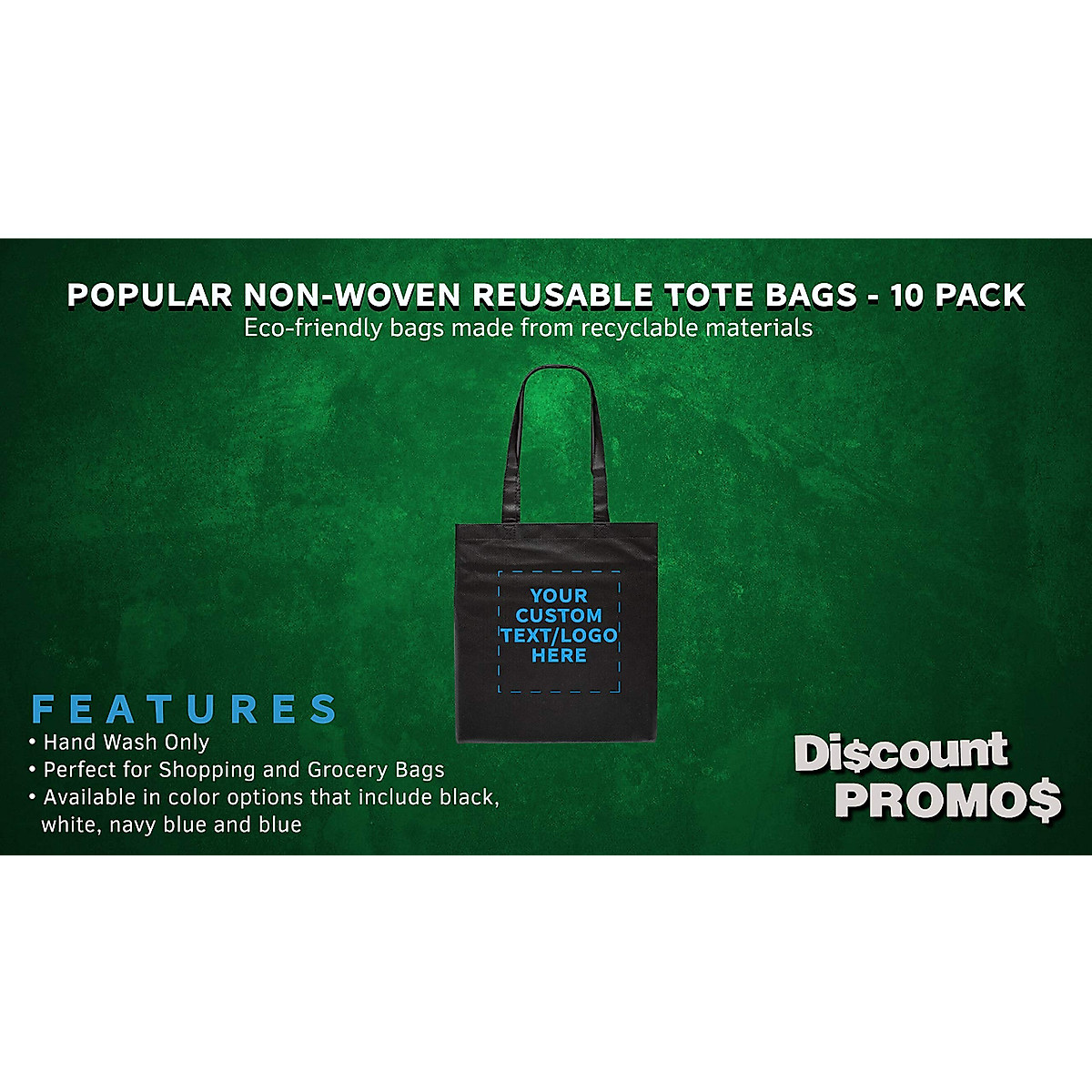 Tote Bags - Non-Woven Bag Totes - 10 pack - Customizable Text, Logo - Reusable Polypropylene Cloth Fabric - Black