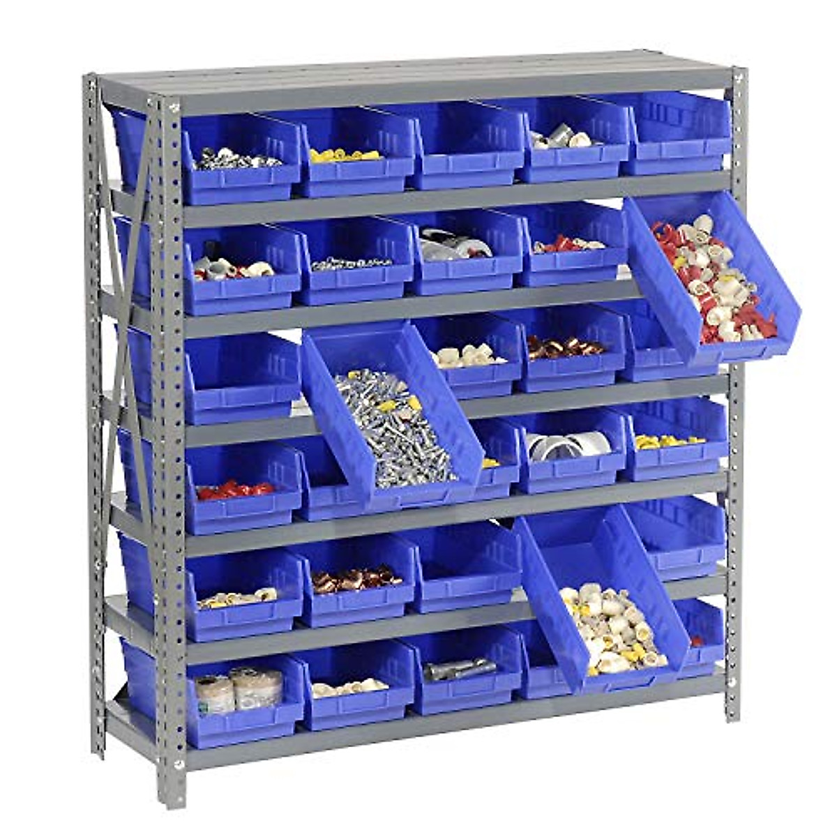 Global Industrial 7 Shelf Steel Shelving with (30) 4" H Plastic Shelf Bins, Blue, 36x12x39