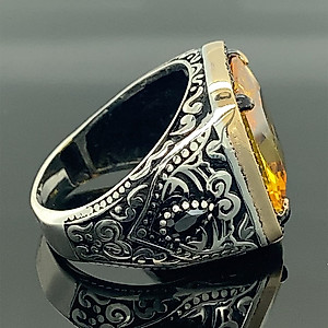 Men Silver Handmade Ring, Citrine Gemstone Ring, Ottoman Style Vintage Ring, 925k Sterling Silver Ring, Gift For Him
