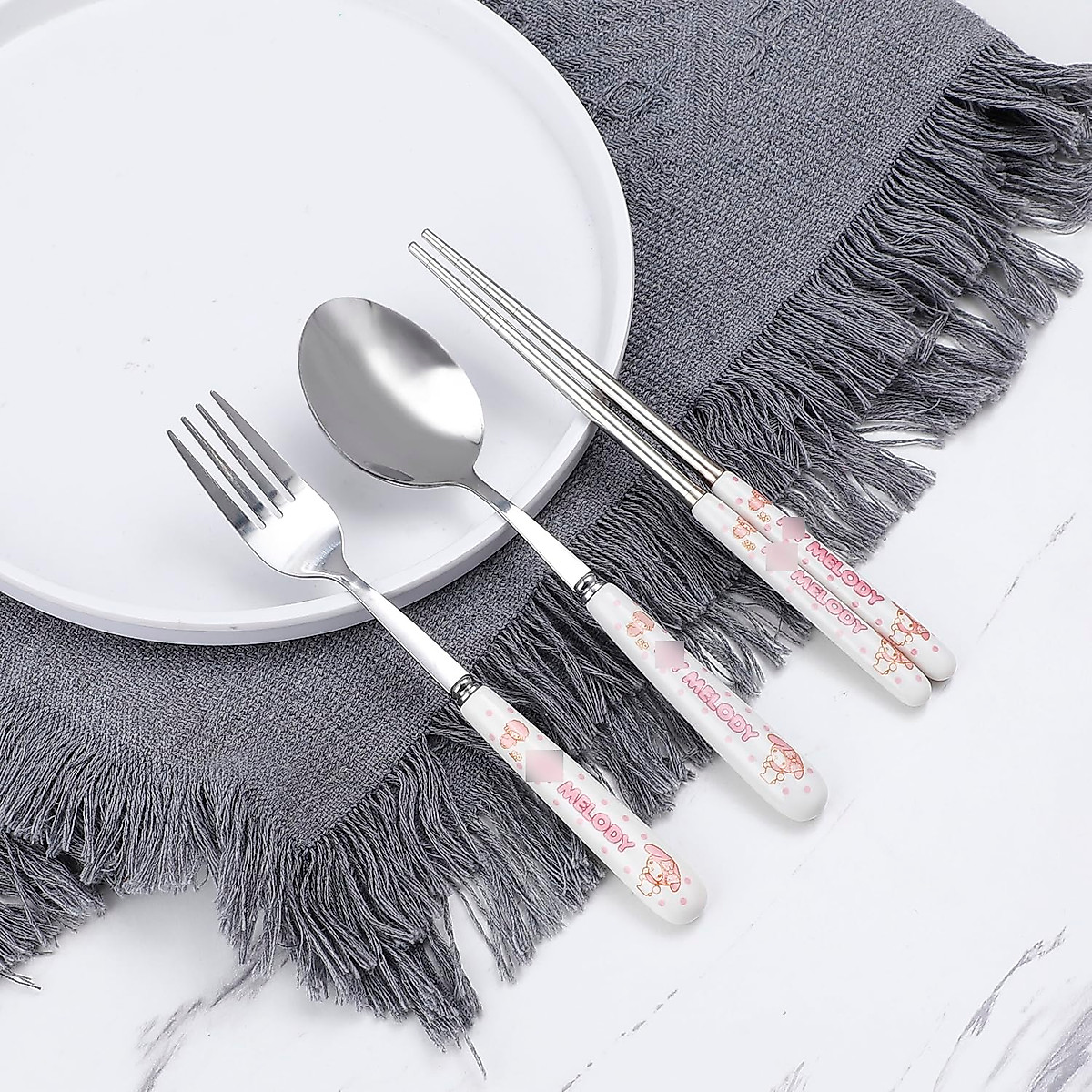 Cartoon Print Portable Utensils with Case Kawaii Kitty Reusable Flatware Set Chopsticks Fork Spoon Set for Travel Picnic(SCF-MLD)