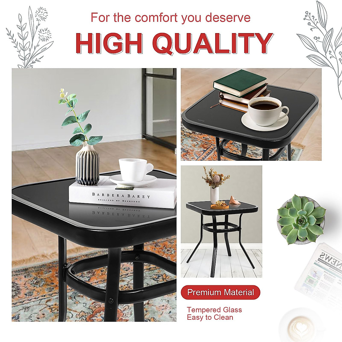 Crownland Outdoor Rocking Chairs Patio Furniture 3 Piece Patio Set Bistro Table Set Black Ironl with Thickened Cushions and Glass Coffee Table, Red