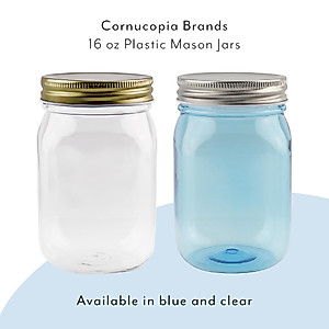 Cornucopia Brands 16oz PLASTIC Mason Jars (8-Pack, Blue w/Silver Metal Lids); PET BPA-Free Mason Jars w/One Piece Lids, 2-Cup/Pint Capacity