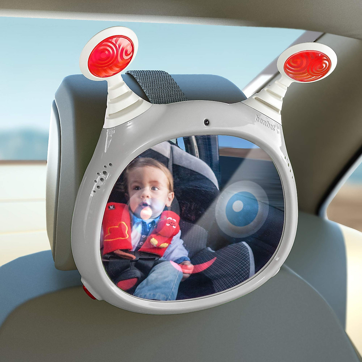 Oly Active Baby Car Mirror – Shatter-Proof Rear Facing Infant Mirror Entertains, Soothes, and Keeps Baby Visible – 10 x 11.7 x 3.1 In. Adjustable Headrest Mirror with Remote Control by Benbat, Gray