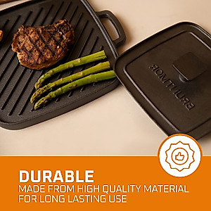 Bruntmor 2-in-1 Pre-Seasoned Cast Iron Reversible Griddle Grill Pan with Heavy Grill Press - 10 x 10 Inches Square Pan for Stove Top and Oven Cooking - Durable Grip Handle for Easy Use - Black