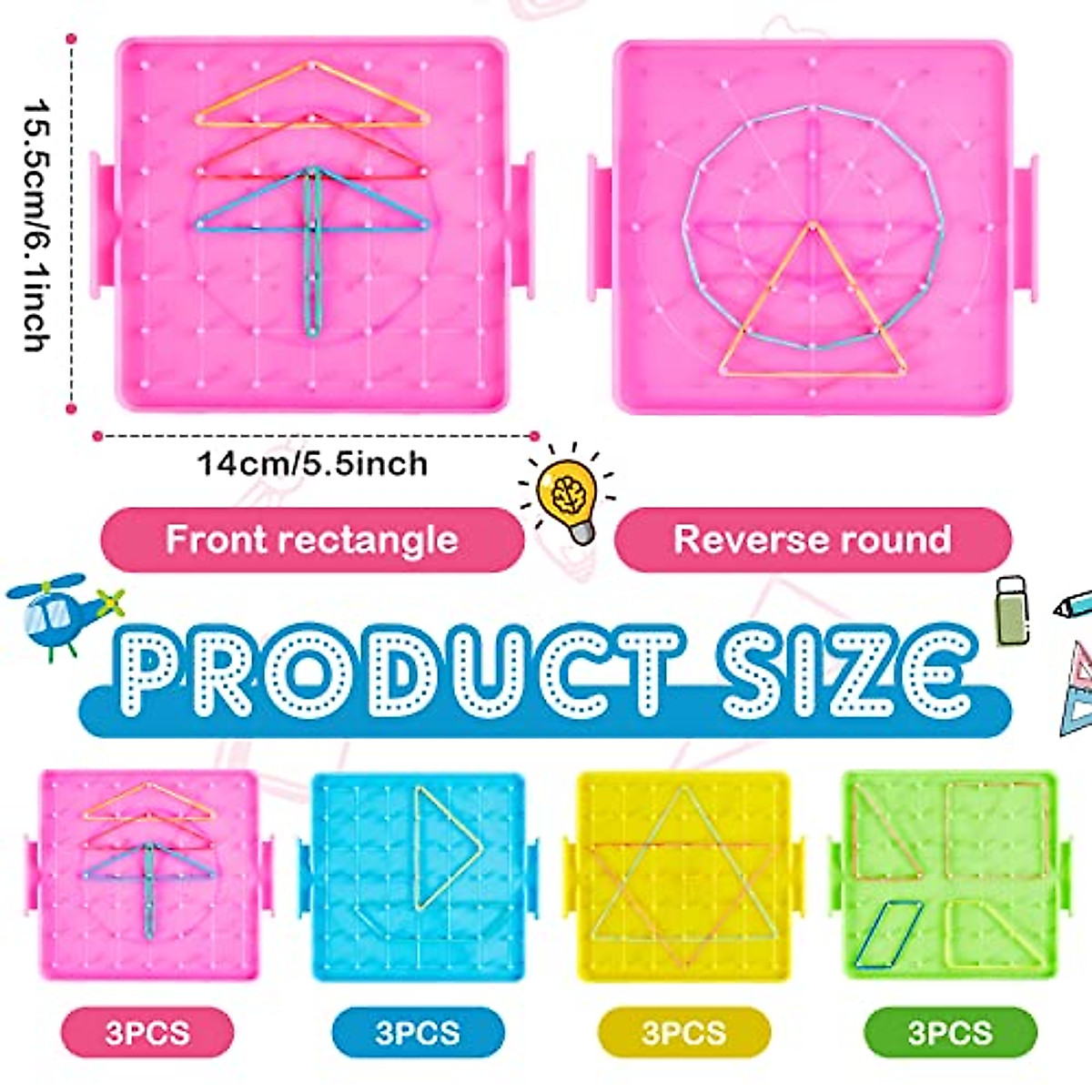 12 Pcs Double Sided Geoboard Mathematical Geoboards with Rubber Bands Math Manipulatives Toy for Geometry, 6.9 x 6.3 Inches