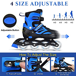 DIKASHI Black Blue Adjustable Inline Skates Boys Girls Kids Size,Light Up Beginner Roller Blades Skates for Boys Girls Kids Outdoor