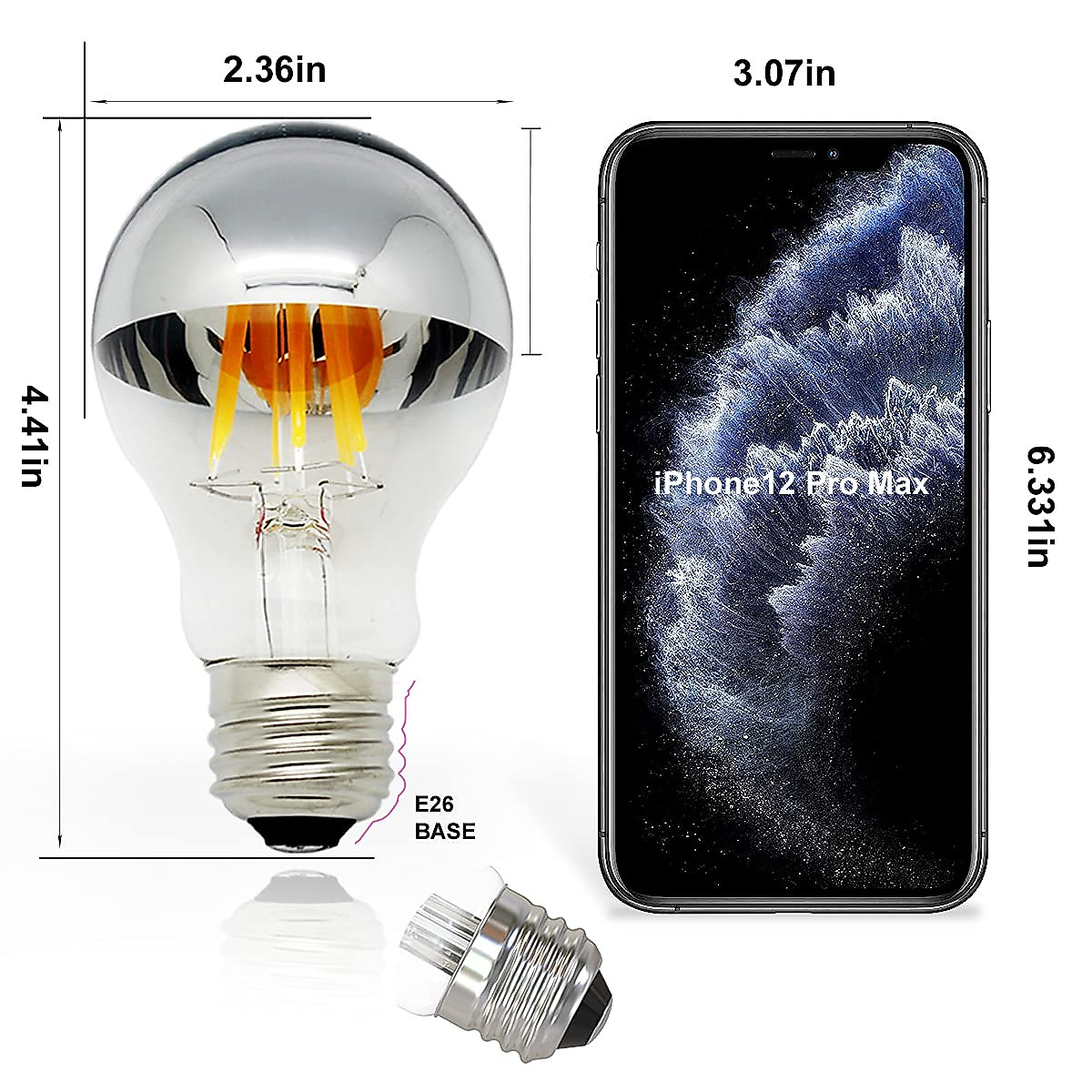 KarlunKoy Half Chrome Light Bulb Dimmable 6W (60W Equivalent) A19 A Shape Decorative LED Edison Bulb Silver Mirror Reflected Light 2700K Warm White E26 Base Pack of 2