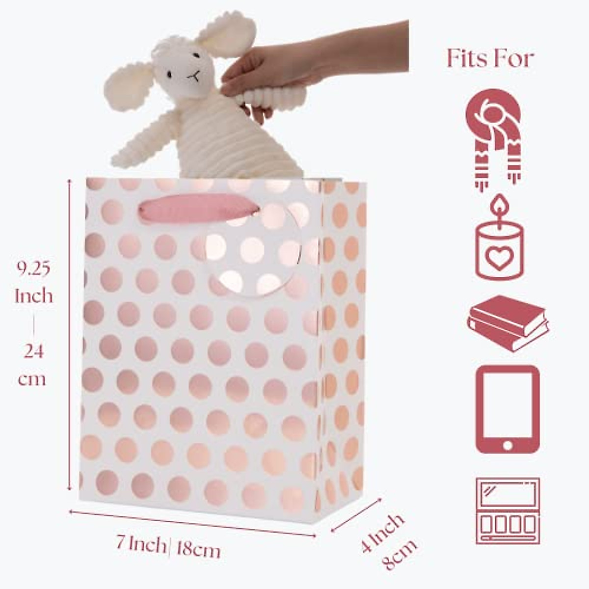 UNIQOOO 12PCS Christmas Metallic Rose Gold Gift Bags Bulk with Tag, Medium 9x7 Inch, Modern Pink Polka Dots Foil Paper Wrap Bags, for Wedding, Birthday, Valentine's Day, Mother's Day Gift Packaging Décor Party Favor
