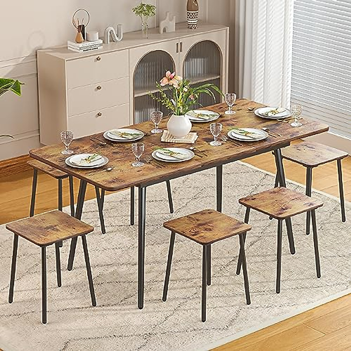 Qsun 7-Piece 63" Dining Table Set for 4-6 People, extendable Kitchen Table Set with 6 Chairs, Dining Room Table with Round Corner for Kitchen, Children Protective Design, Rustic Brown