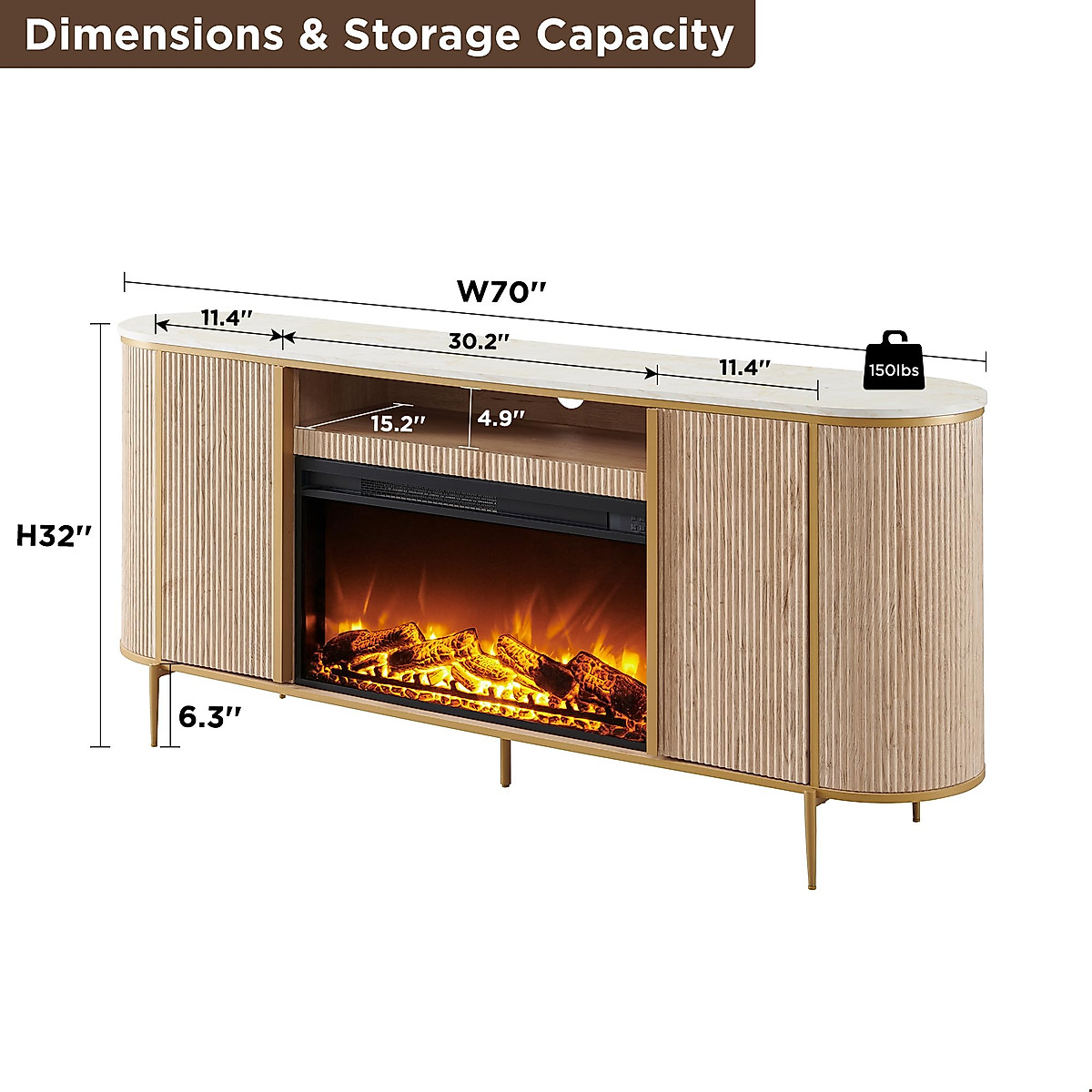 OKD Luxury 70" Fluted Fireplace TV Stand, Modern Chic Entertainment Center for TVs Up to 80 inches, TV Console with Faux Marble Top, Curved Profile Design, Media Console for Living Room, Natural Oak